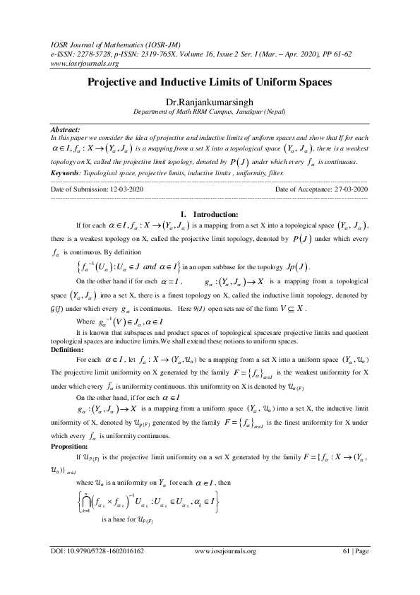 Pdf Projective And Inductive Limits Of Uniform Spaces