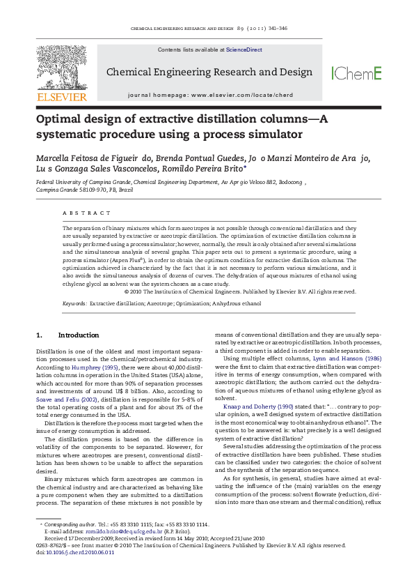 Pdf Optimal Design Of Extractive Distillation Columns—a Systematic Procedure Using A Process