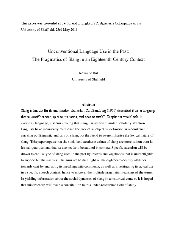 (PDF) Unconventional Language Use in the Past: The Pragmatics of Slang ...