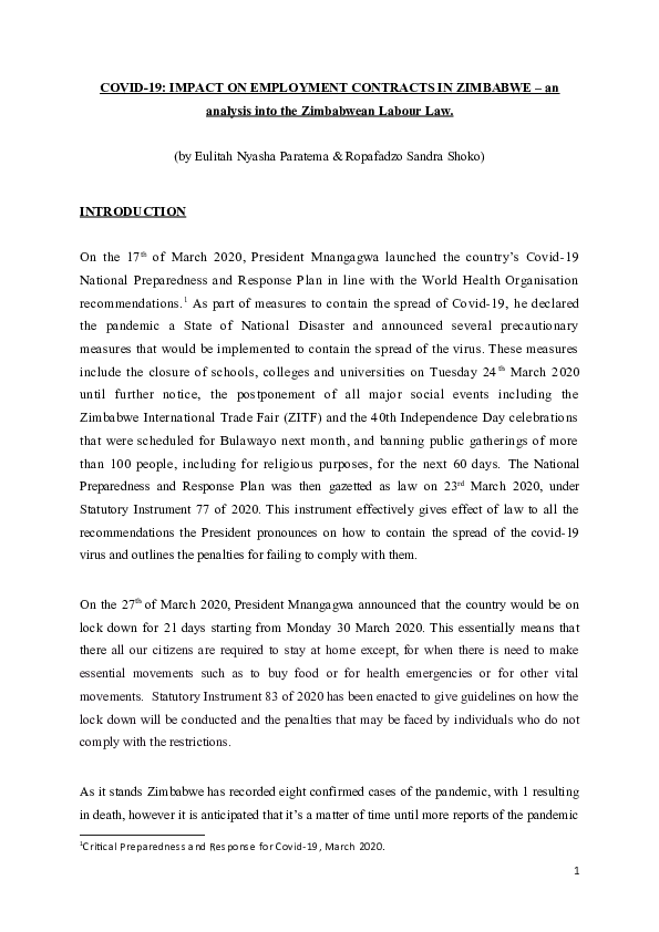 (DOC) COVID-19: Its impact on employment contracts in Zimbabwe ...