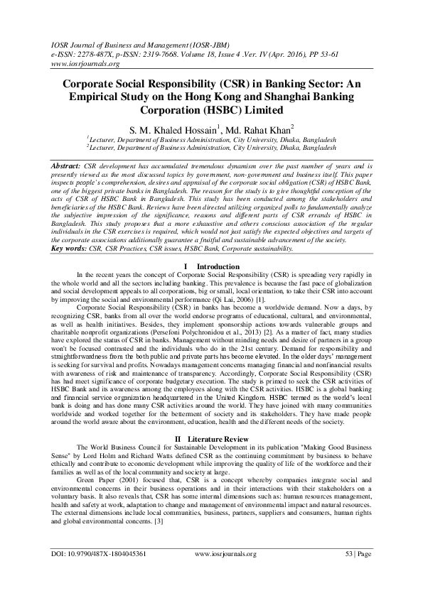 (PDF) Corporate Social Responsibility (CSR) in Banking Sector: An ...