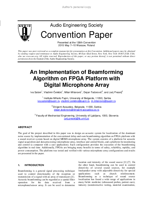 Pdf An Implementation Of Beamforming Algorithm On Fpga Platform With