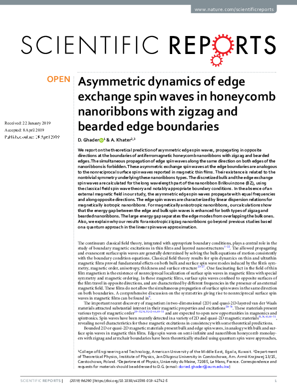 (PDF) Asymmetric dynamics of edge exchange spin waves in honeycomb ...