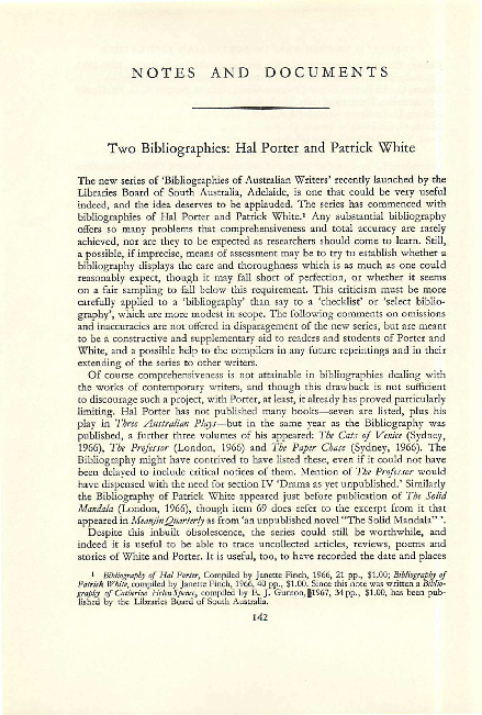 (PDF) Two Bibliographies: Hal Porter and Patrick White The new series ...