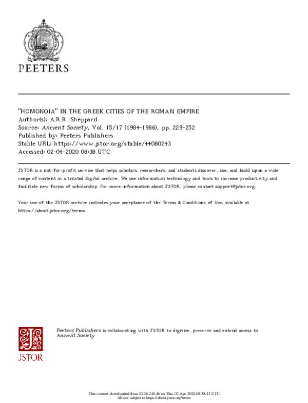 (PDF) "HOMONOIA" IN THE GREEK CITIES OF THE ROMAN EMPIRE