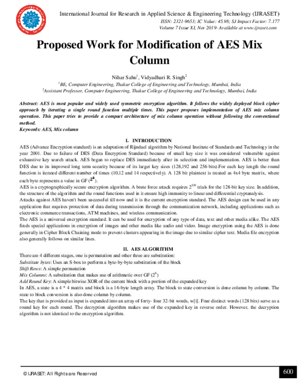 (PDF) Proposed Work for Modification of AES Mix Column