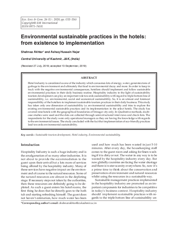 (PDF) Environmental sustainable practices in the hotels: from existence ...