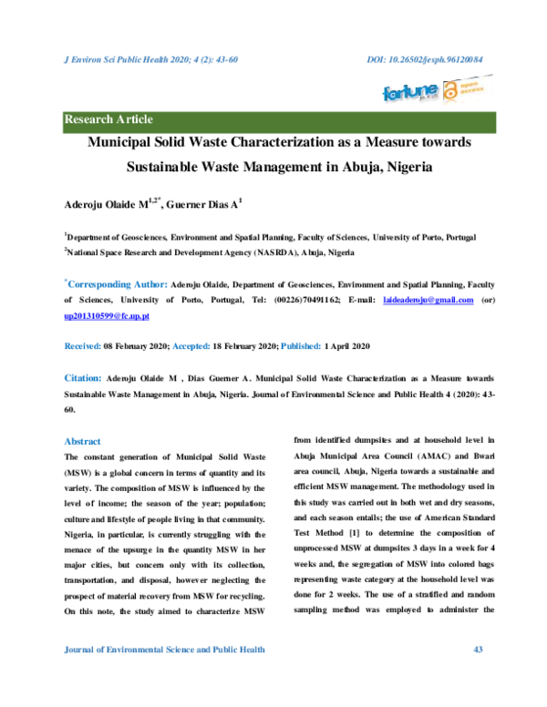 (PDF) Municipal Solid Waste Characterization as a Measure towards ...