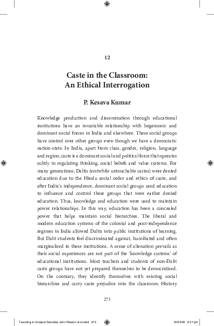 (PDF) Caste in the Classroom: An Ethical Interrogation