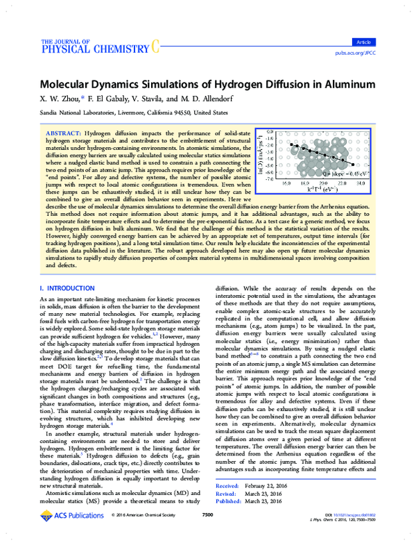 (PDF) Molecular Dynamics Simulations of Hydrogen Diffusion in Aluminum