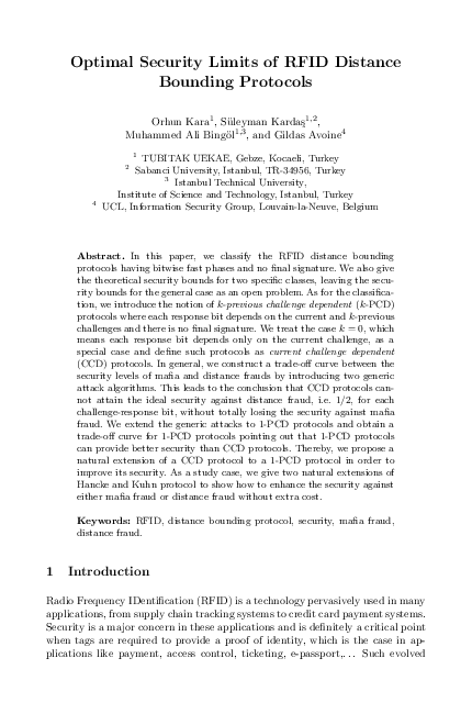 (PDF) Optimal security limits of RFID distance bounding protocols
