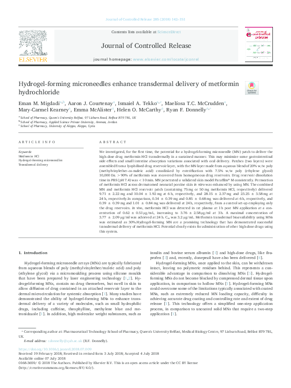 (PDF) Hydrogel-forming microneedles enhance transdermal delivery of metformin hydrochloride