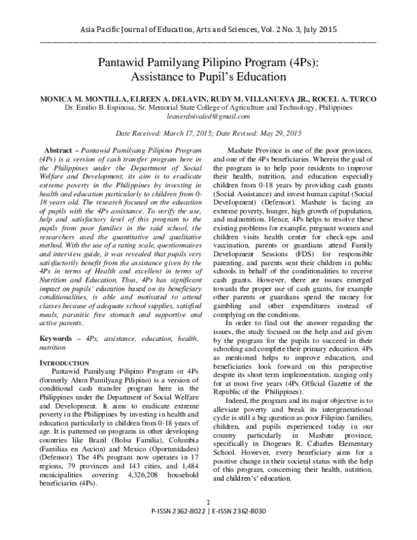 (PDF) Pantawid Pamilyang Pilipino Program (4Ps): Assistance to Pupil's ...