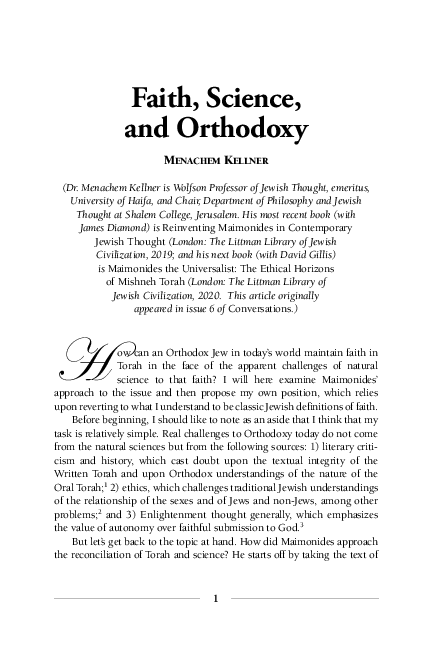 (PDF) Menachem Kellner, “Faith, Science, and Orthodoxy,” Conversations ...