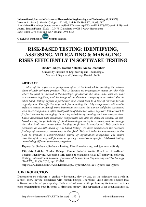 (PDF) RISK-BASED TESTING: IDENTIFYING, ASSESSING, MITIGATING & MANAGING ...