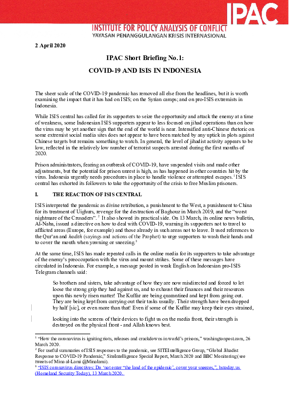 (DOC) IPAC Short Briefing No.1: Covid-19 and ISIS in Indonesia