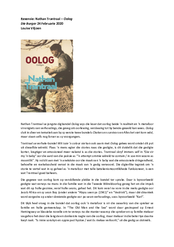 (PDF) Resensie: Nathan Trantraal – Oolog (2020)