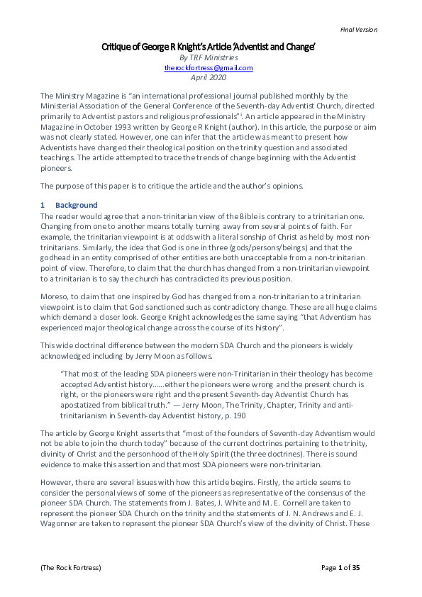 (PDF) Critique of George R Knight's Article 'Adventist and Change'