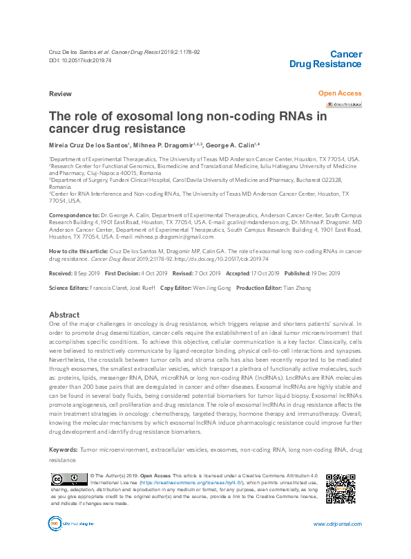 Pdf The Role Of Exosomal Long Non Coding Rnas In Cancer Drug Resistance