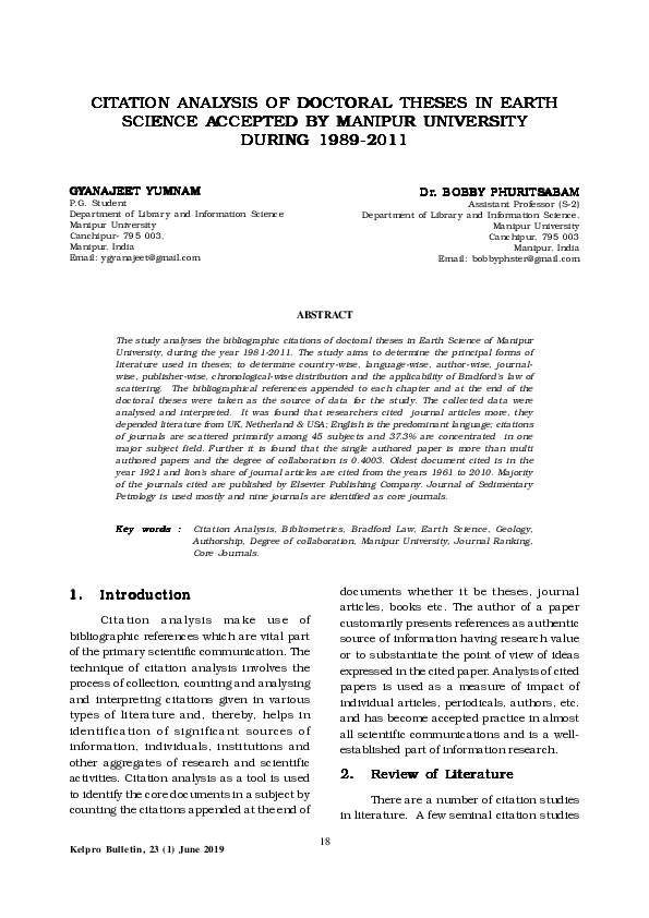 Pdf Citation Analysis Of Doctoral Theses In Earth Science Accepted By Manipur University