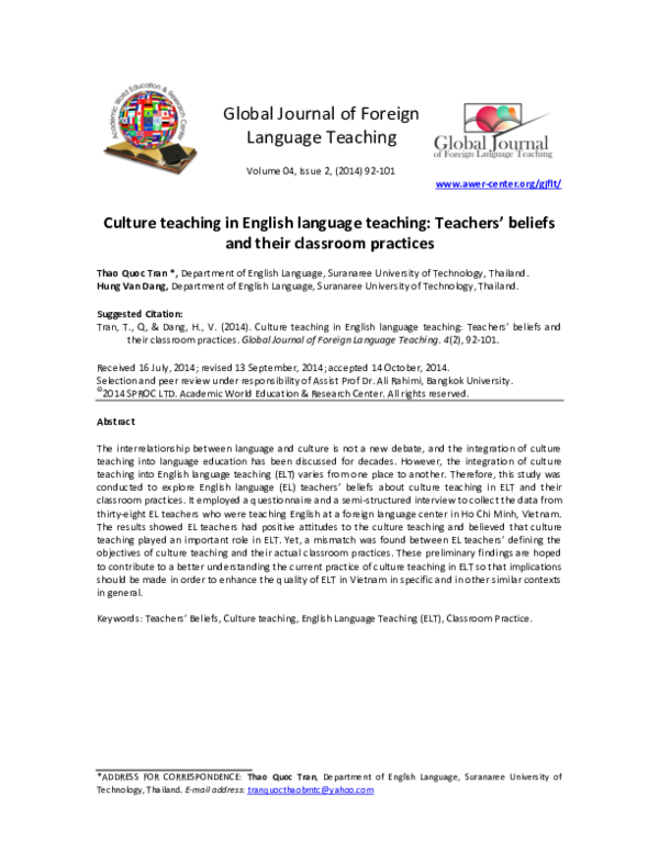 (PDF) Culture teaching in English language teaching: Teachers' beliefs ...