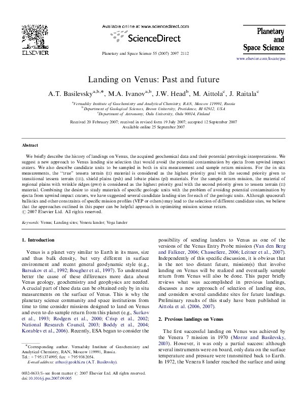 (PDF) Landing on Venus: Past and future