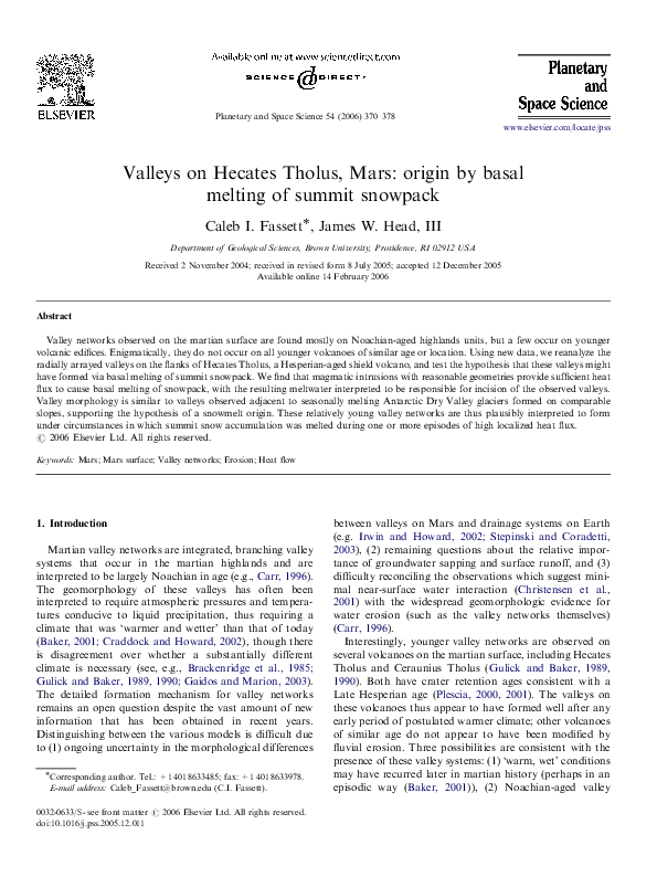 (PDF) Valleys on Hecates Tholus, Mars: origin by basal melting of ...