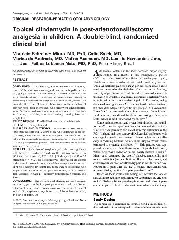 (PDF) Topical clindamycin in post-adenotonsillectomy analgesia in ...
