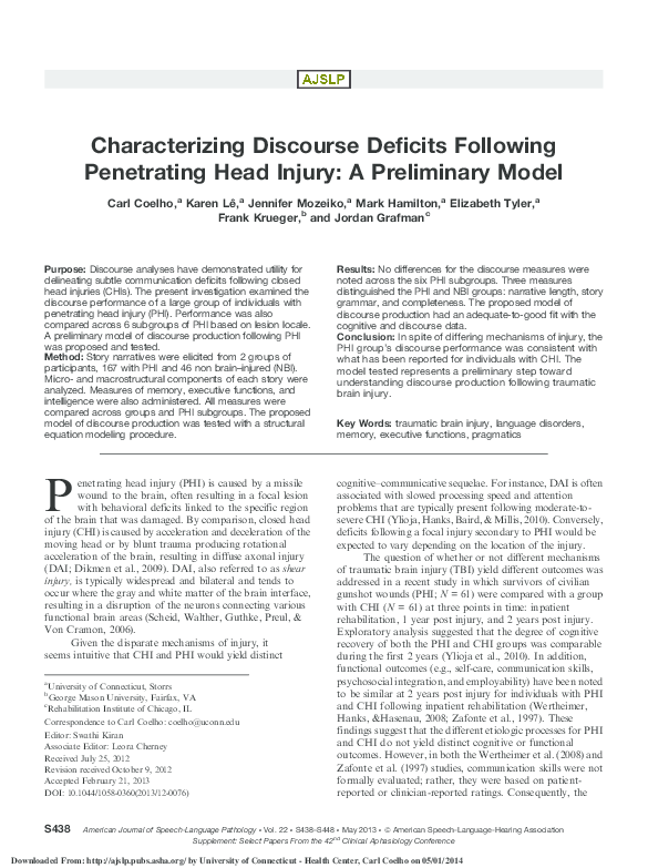 (PDF) Characterizing Discourse Deficits Following Penetrating Head Injury: A Preliminary Model