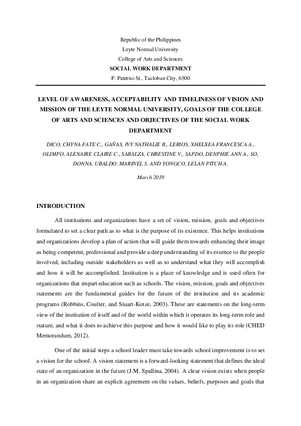 (PDF) LEVEL OF AWARENESS, ACCEPTABILITY AND TIMELINESS OF VISION AND ...
