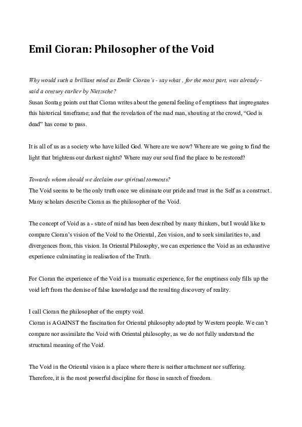 (PDF) Emil Cioran: Philosopher of the Void of the Empty Void?