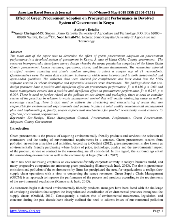 (PDF) Effect of Green Procurement Adoption on Procurement Performance ...