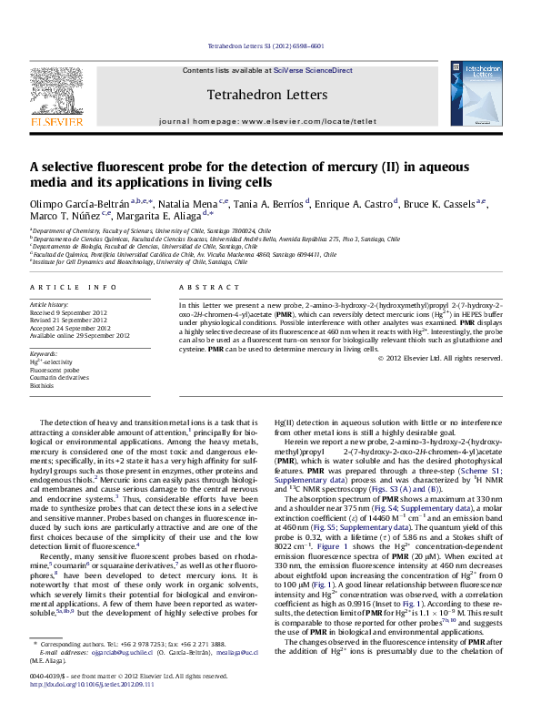 Pdf A Selective Fluorescent Probe For The Detection Of Mercury Ii In Aqueous Media And Its