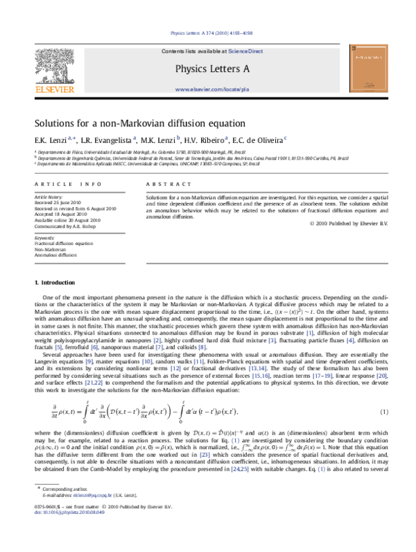 (PDF) Solutions for a non-Markovian diffusion equation