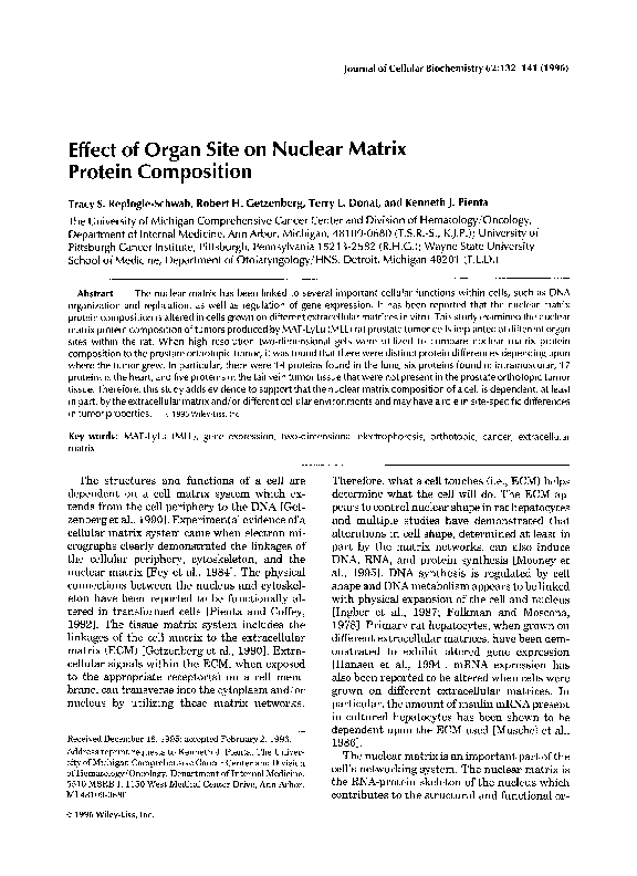 (PDF) Effect of organ site on nuclear matrix protein composition