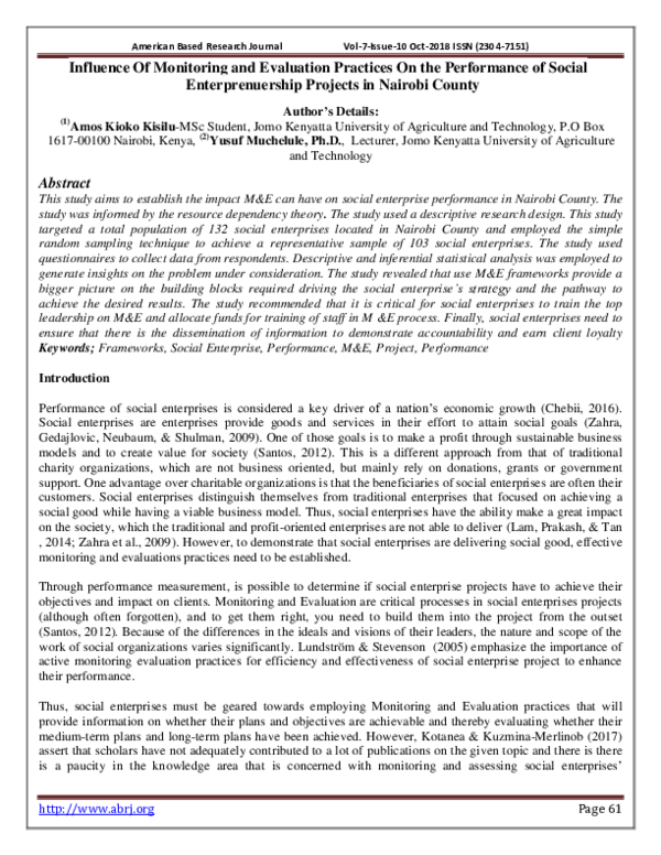 (PDF) Influence Of Monitoring and Evaluation Practices On the Performance of Social ...