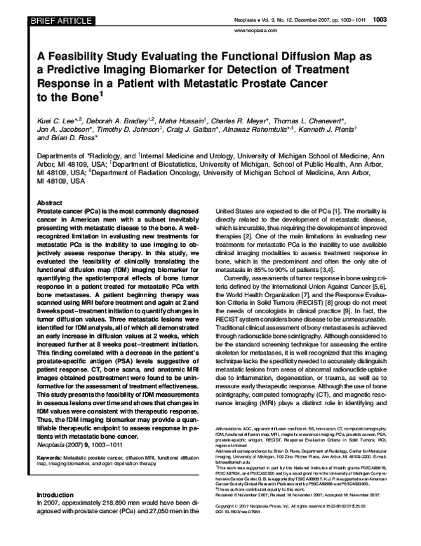 (PDF) A Feasibility Study Evaluating the Functional Diffusion Map as a ...