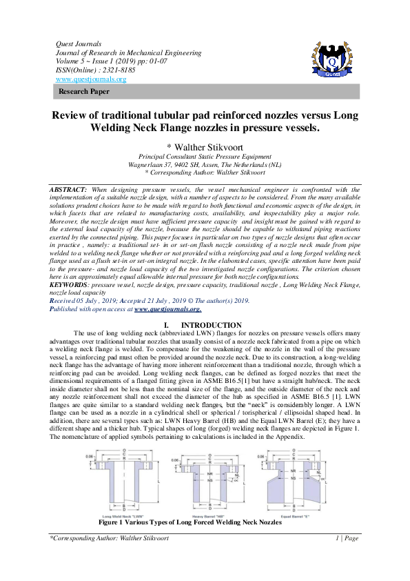 (PDF) Review of traditional tubular pad reinforced nozzles versus Long ...