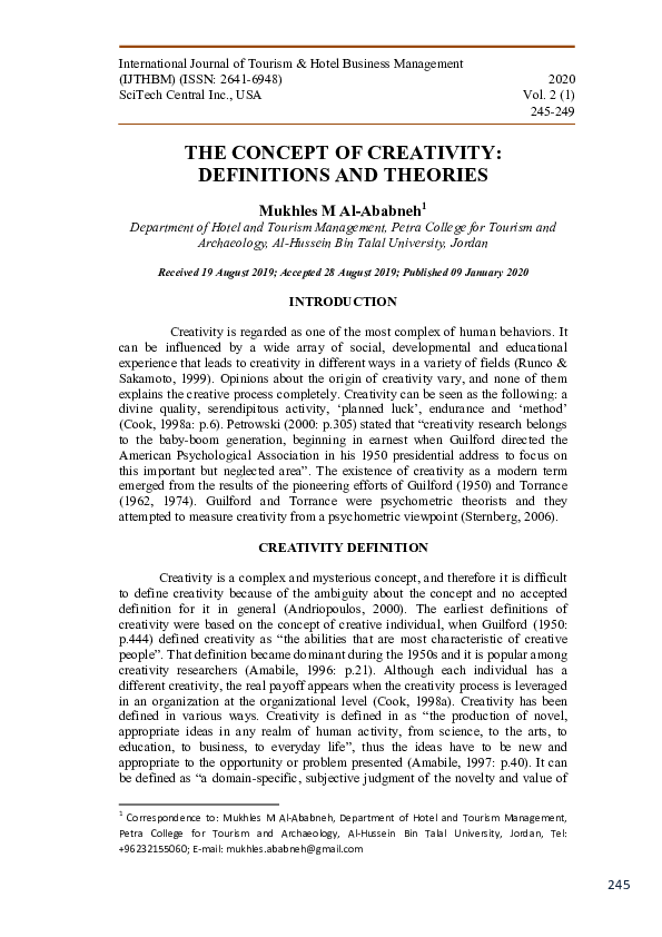 (PDF) THE CONCEPT OF CREATIVITY: DEFINITIONS AND THEORIES