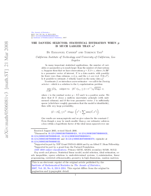 (PDF) The Dantzig selector: statistical estimation when p is much ...