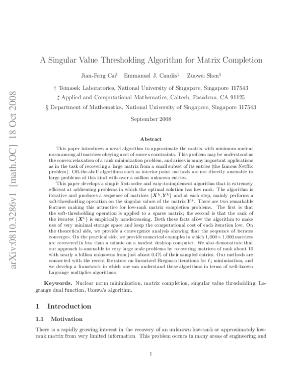 Pdf A Singular Value Thresholding Algorithm For Matrix Completion 