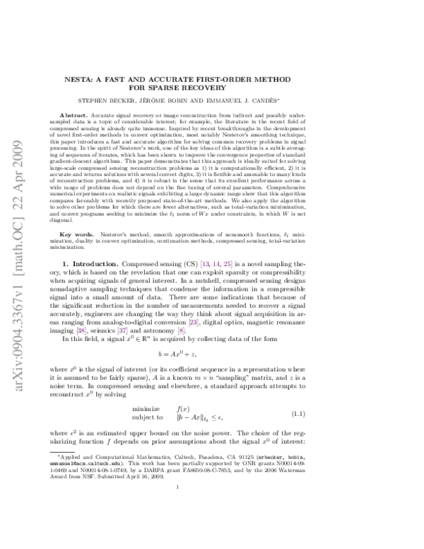 (PDF) NESTA: A fast and accurate first-order method for sparse recovery (PDF) NESTA: A fast and accurate first-order method for sparse recovery