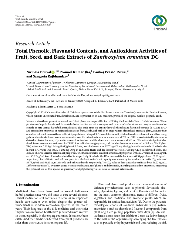 (PDF) Total Phenolic, Flavonoid Contents, and Antioxidant Activities of Fruit, Seed, and Bark ...