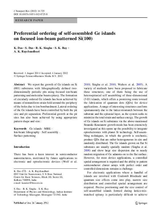 (PDF) Preferential ordering of self-assembled Ge islands on focused ion-beam patterned Si(100)