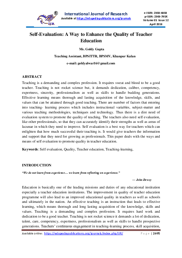 (PDF) Self-Evaluation: A Way to Enhance the Quality of Teacher Education