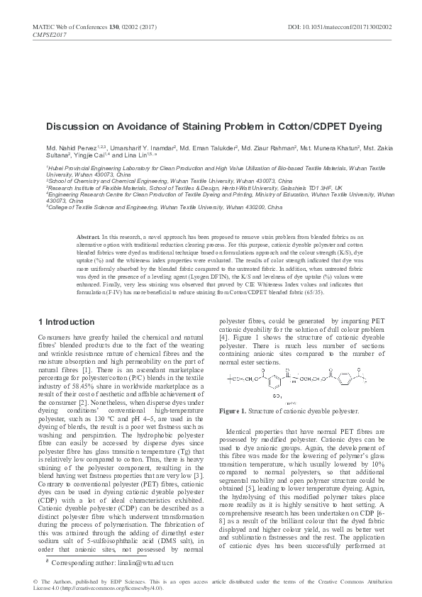 (PDF) Discussion on Avoidance of Staining Problem in Cotton/CDPET Dyeing
