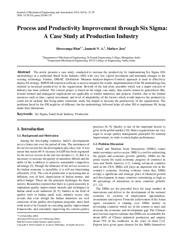 (PDF) Process and Productivity Improvement through Six Sigma: A Case ...