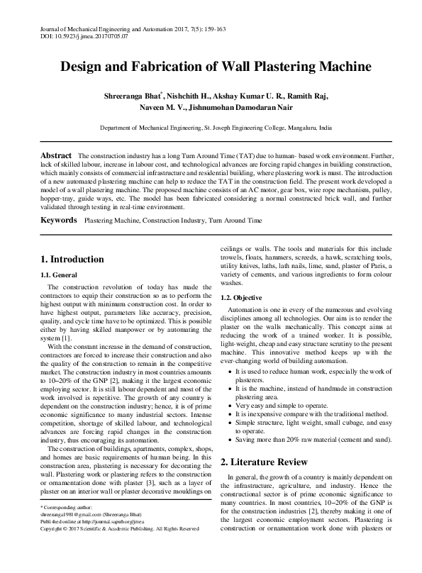 (PDF) Design and Fabrication of Wall Plastering Machine