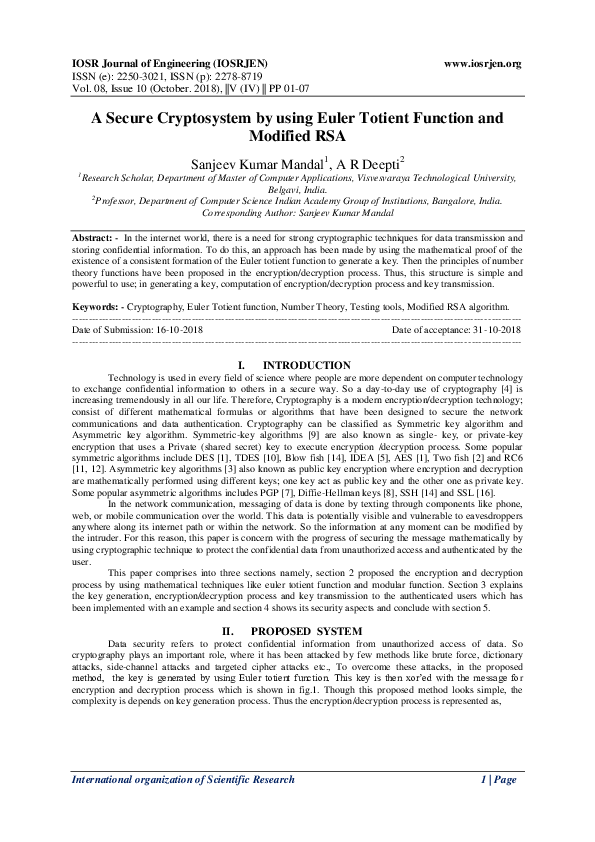 (PDF) A Secure Cryptosystem by using Euler Totient Function and Modified RSA
