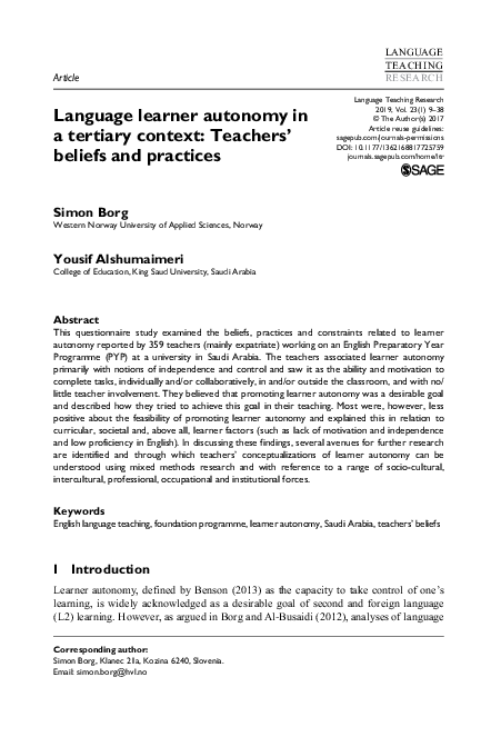 (PDF) Language learner autonomy in a tertiary context: Teachers' beliefs and practices